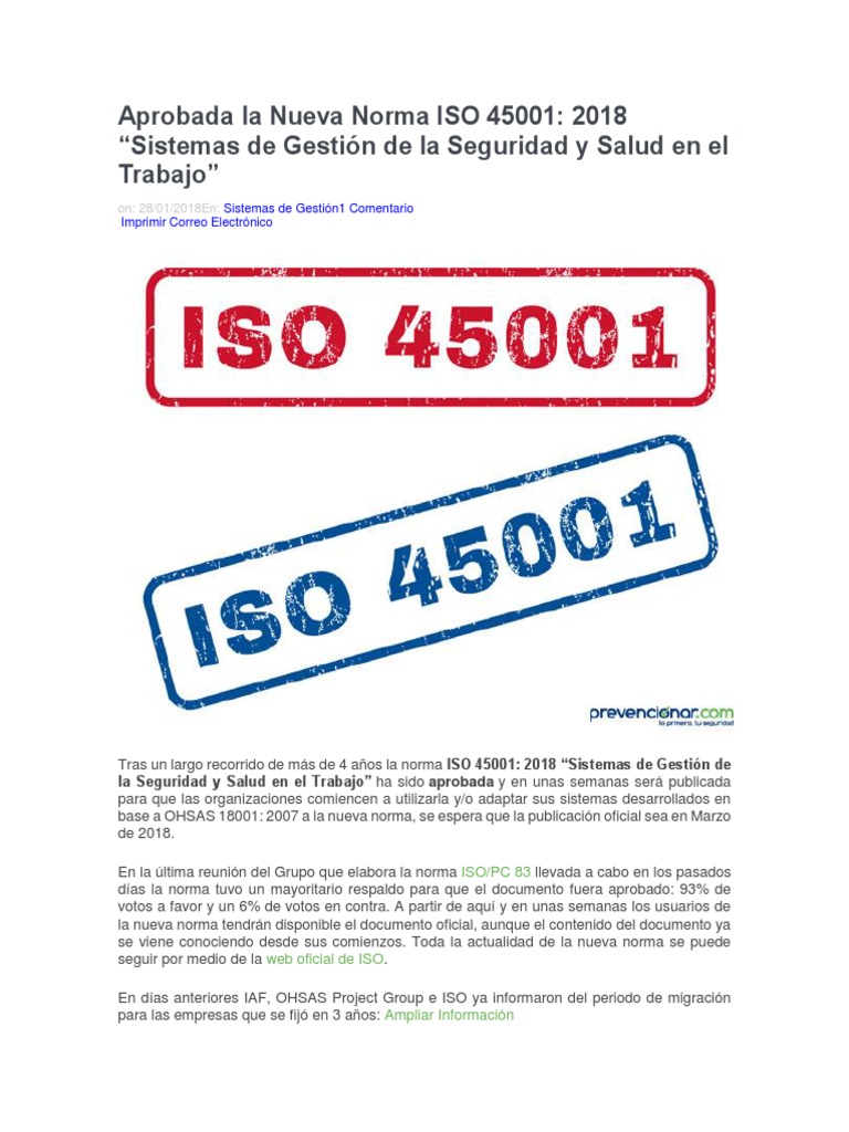 Aprobada La Nueva Norma ISO 45001 | PDF | Seguridad y salud ocupacional | Organización ...