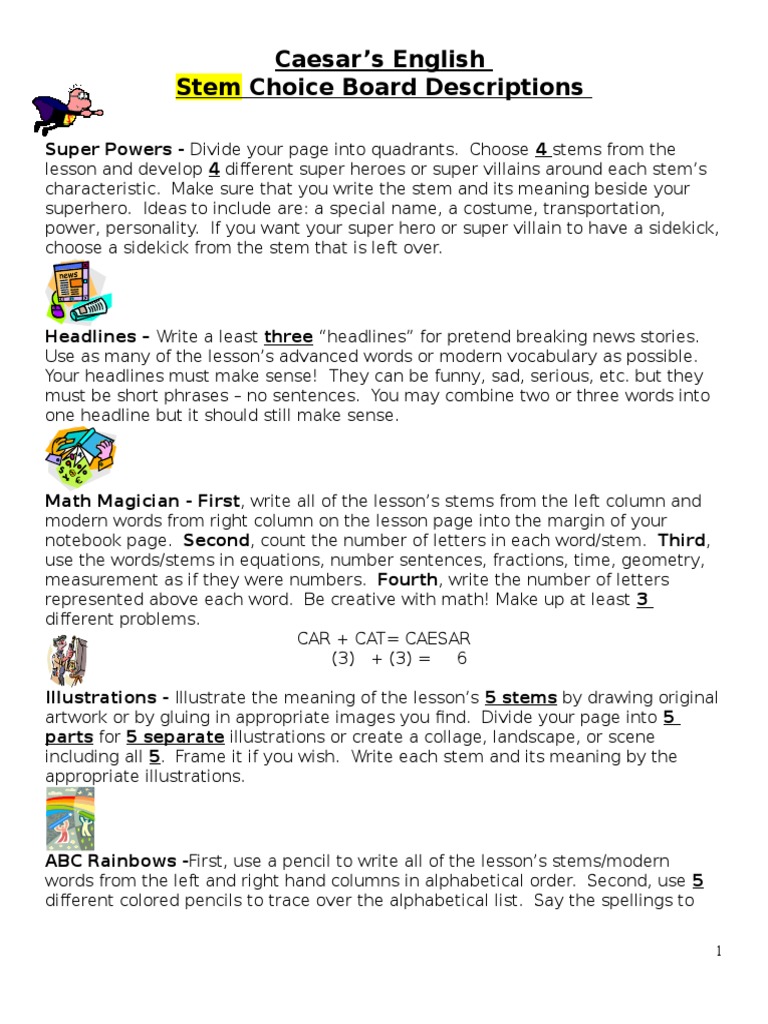 Choice Board Rubric Stems | PDF | Word | Syllable
