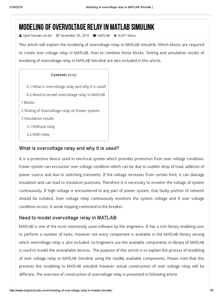 Modeling of Overvoltage Relay in MATLAB Simulink | PDF | Relay | Electric Power System
