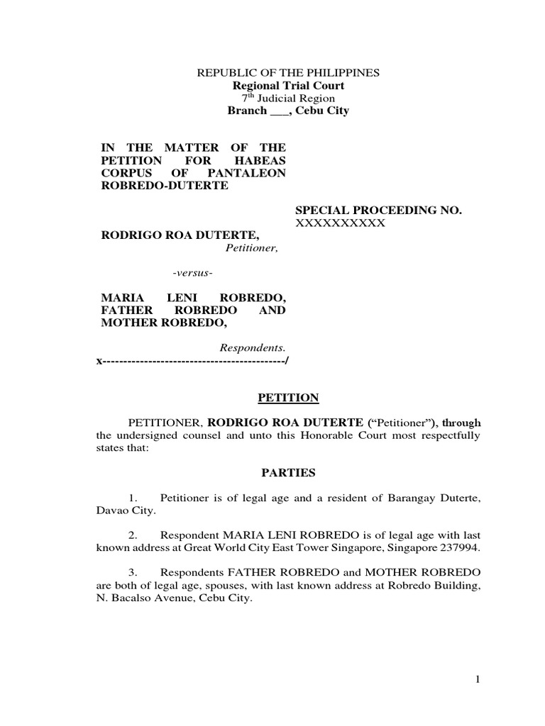 Sample Petition for Habeas Corpus Custody of Minor Child | Rodrigo ...
