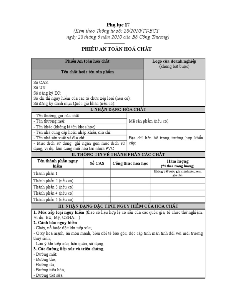Mẫu MSDS - Phiếu an toàn hóa chất | PDF
