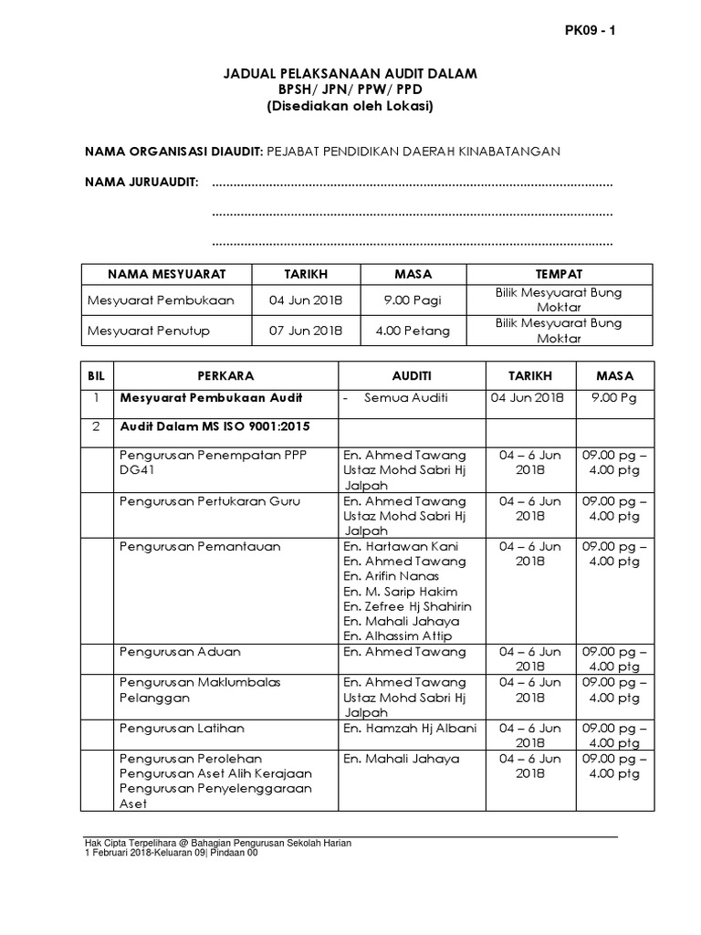 Pk09-1 Borang Jadual Pelaksanaan Audit Dalam | PDF
