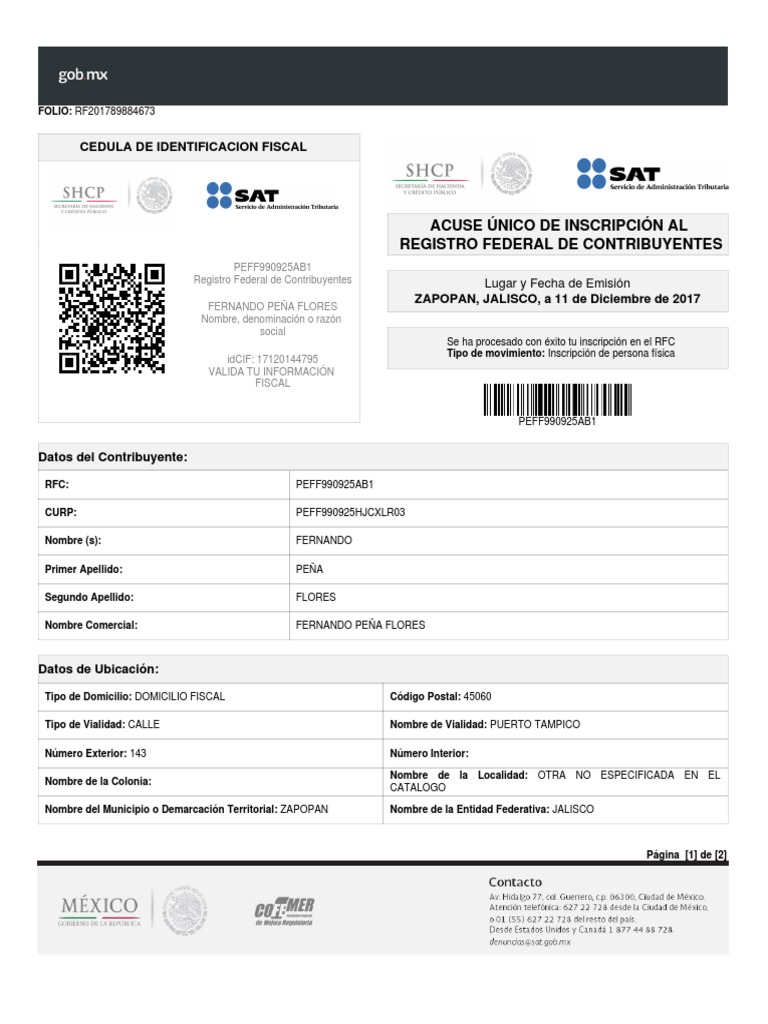 Acuse Único De Inscripción Al Registro Federal De Contribuyentes ...