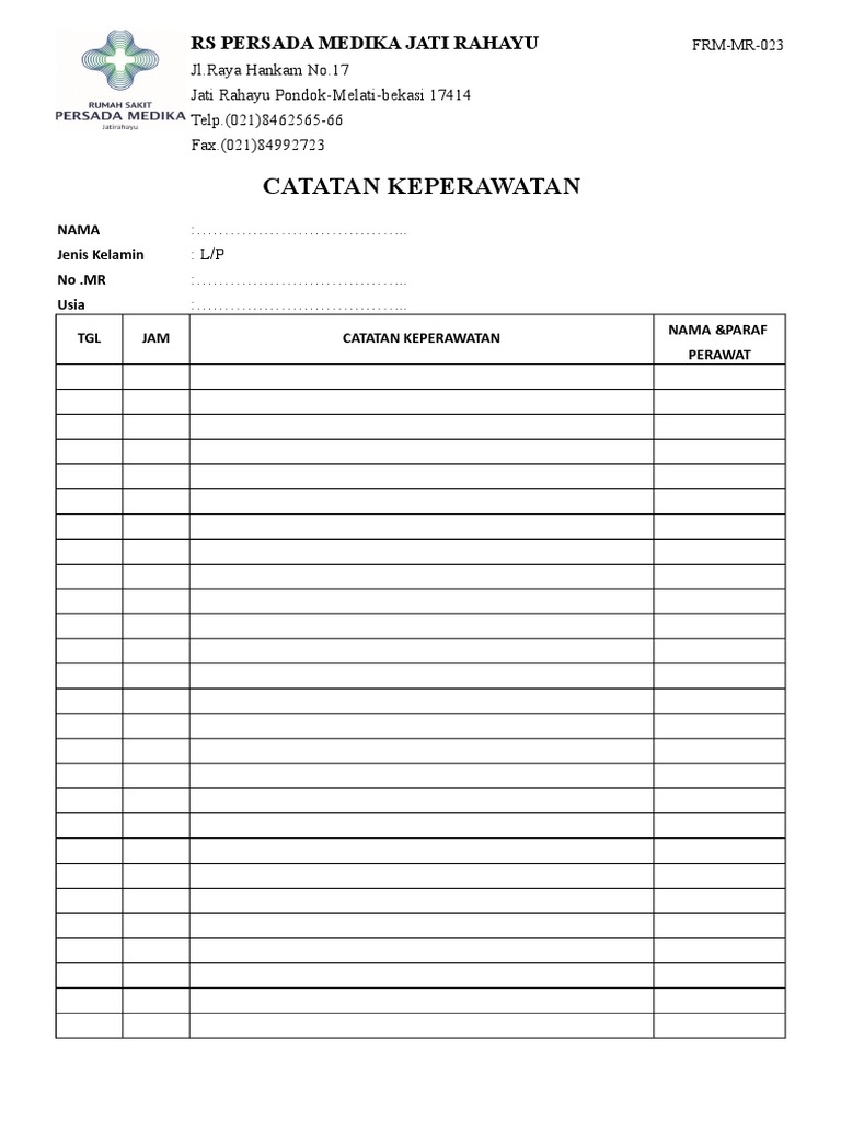 Formulir Status Rekam Medis/Formulir Rawat Inap/Catatan Keperawatan | PDF