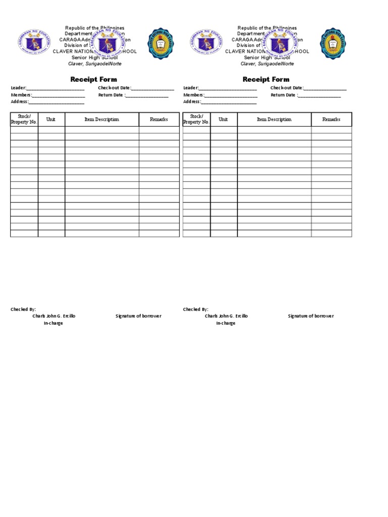 Receipt Form Receipt Form: Department of Education Department of ...