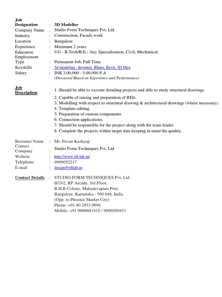 Job Designation: 3d Modeling, Inventor, Rhino, Revit, 3D Max | PDF ...
