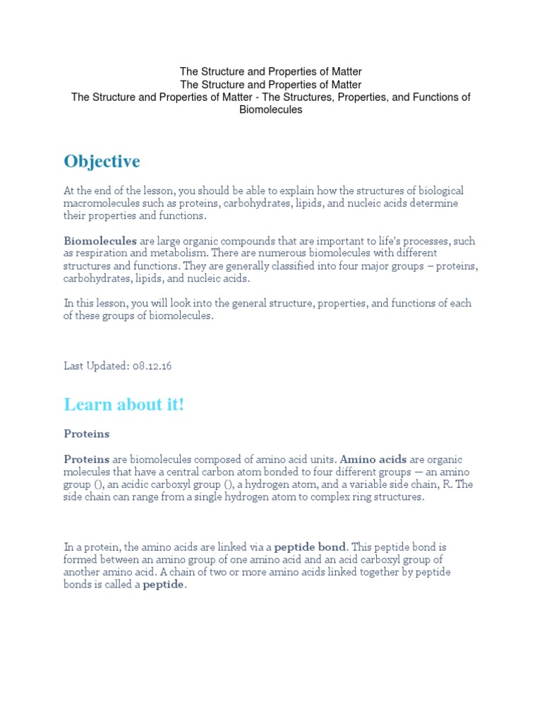 Biomolecules: Structure and Functions | PDF | Biomolecules | Proteins