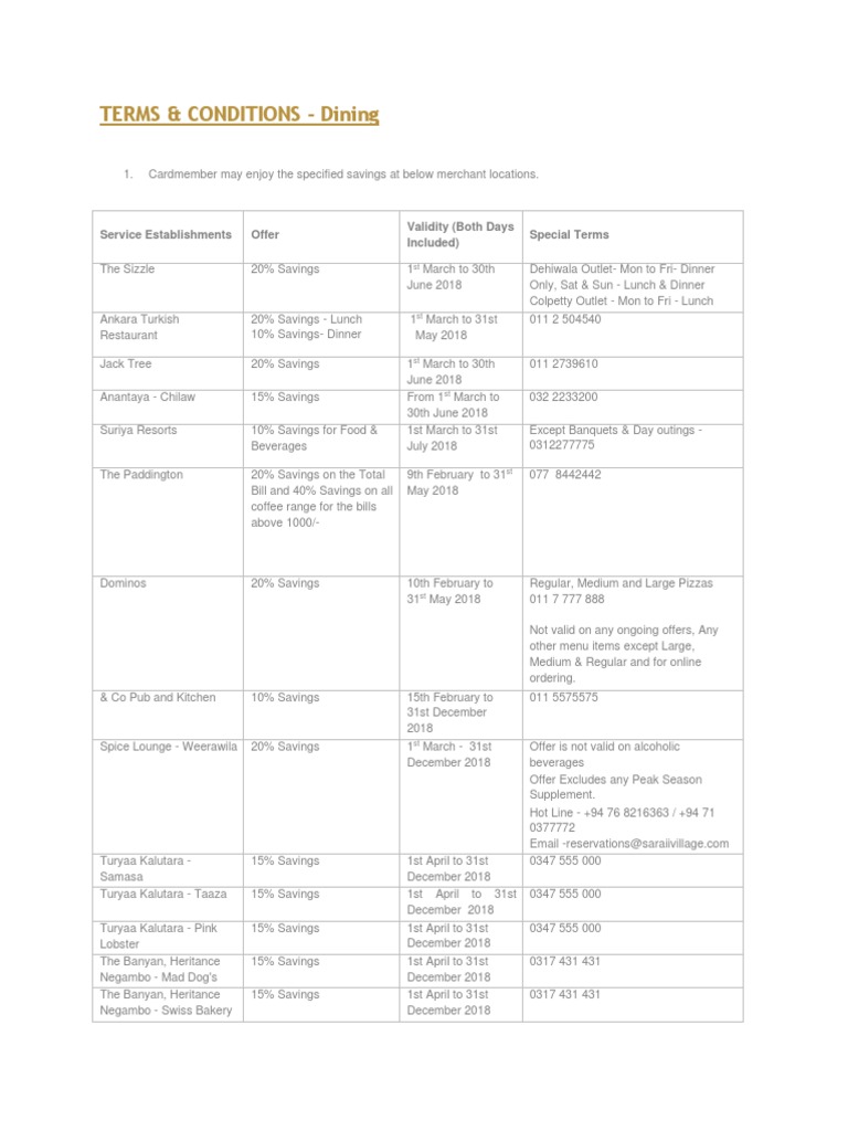 Amex Dining Offers and Terms | PDF | Banks | Cuisine