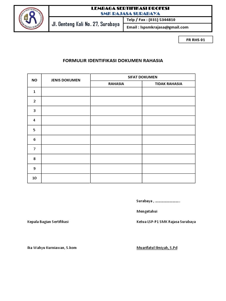 06 FR Rhs 01 Formulir Identifikasi Dokumen Rahasia | PDF