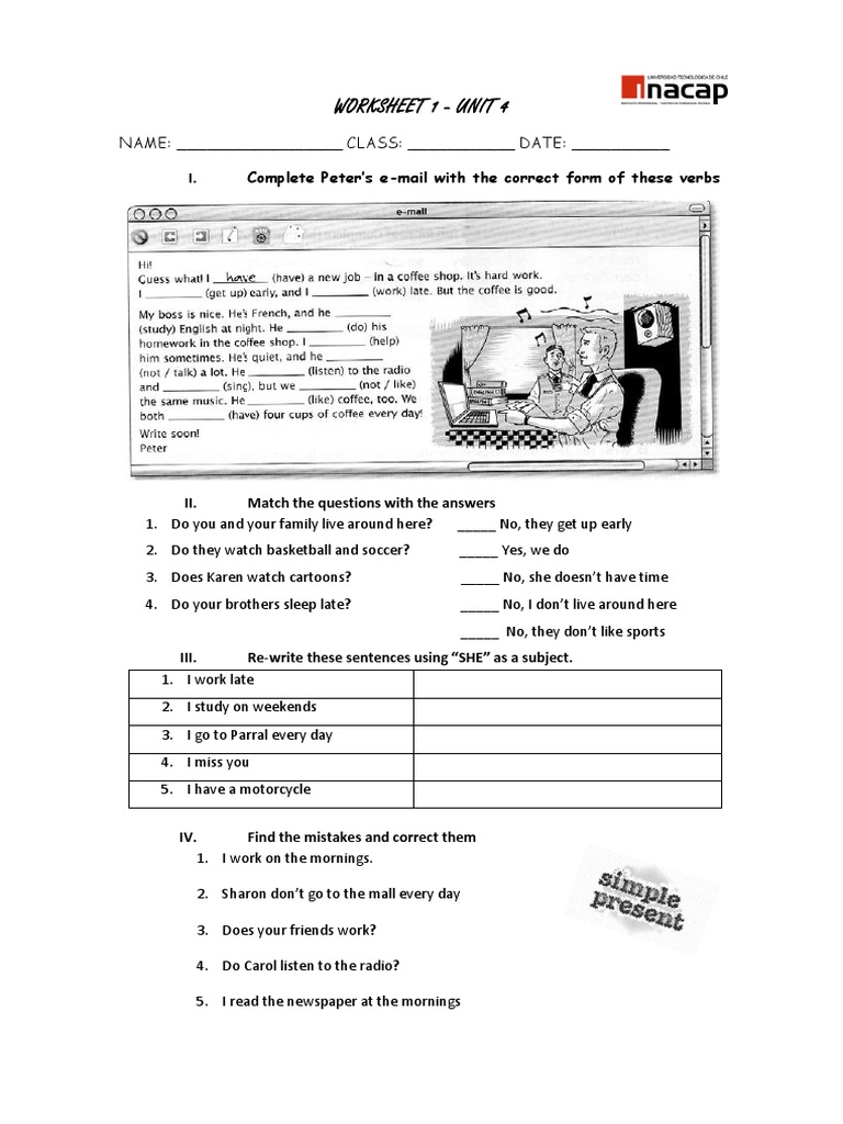 WORKSHEET 1 UNIT 4 - English I | PDF