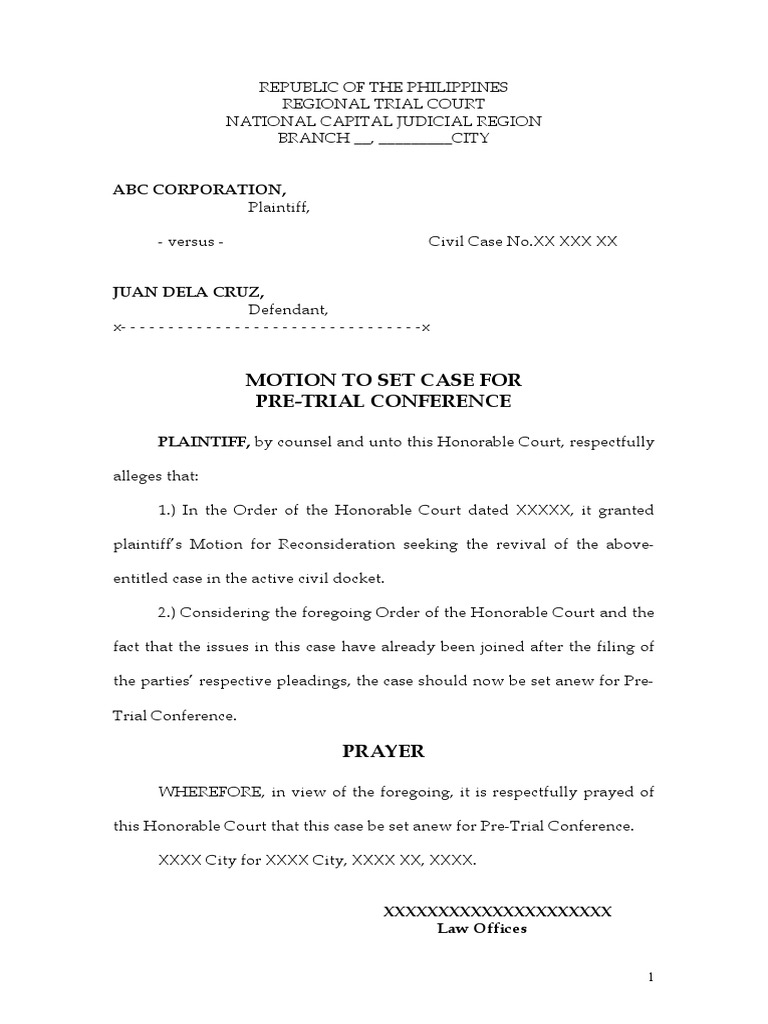 Motion to Set Civil Case for Pre-Trial Conference Following Revival of ...