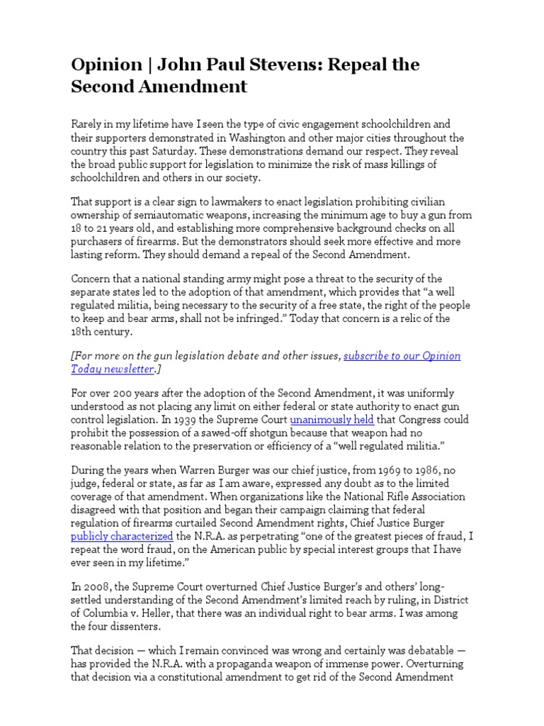 Opinion - John Paul Stevens: Repeal The Second Amendment: Subscribe To ...