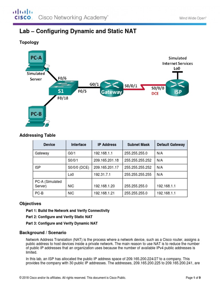 9.2.2.6 Lab - Configuring Dynamic and Static NAT | PDF | Ip Address | Gateway (Telecommunications)