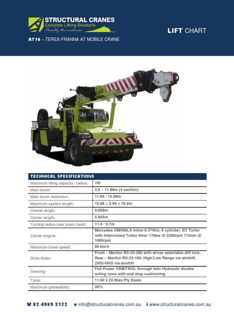 At16 Terex-Franna - Lift Chart | PDF | Crane (Machine) | Vehicles