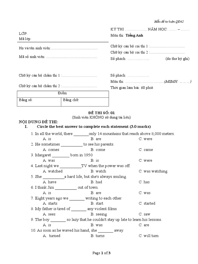 2 Test For Basic English Reading - Writing Level A1, A2 | PDF