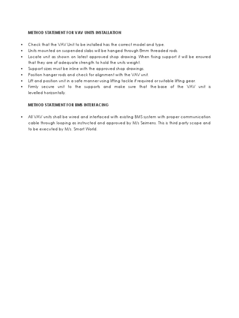 Method Statement For Vav Units Installation | PDF | Technology & Engineering