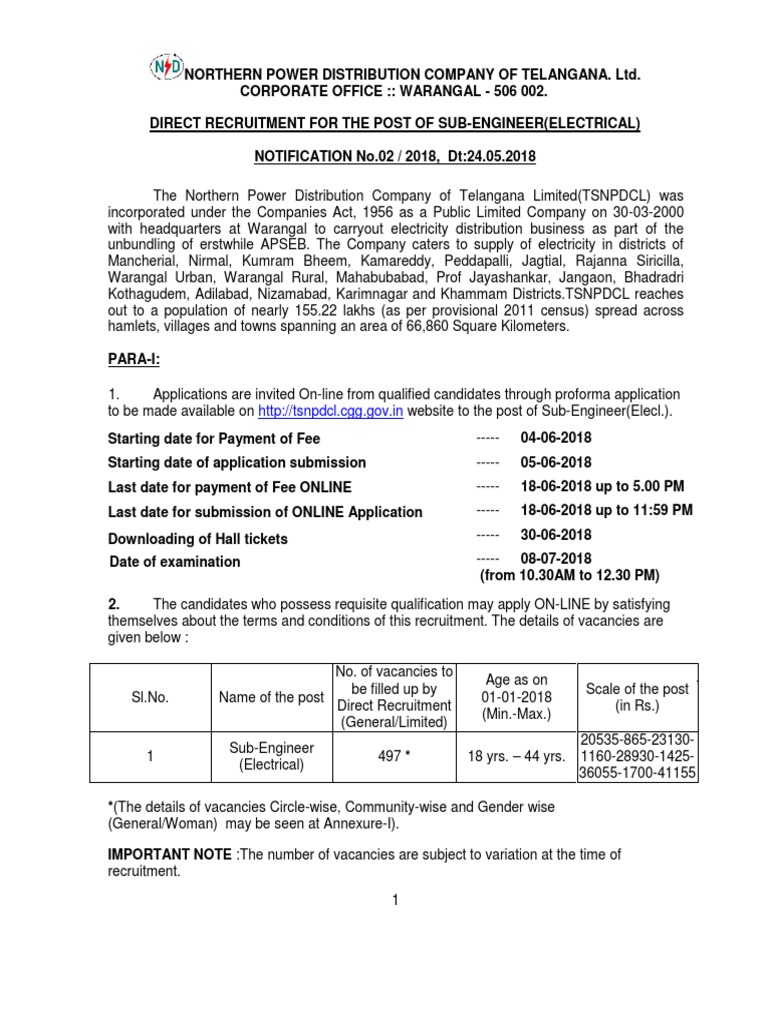 TSNPDCL Sub Engineer Recruitment 2018 | PDF | Transformer | Electrical ...