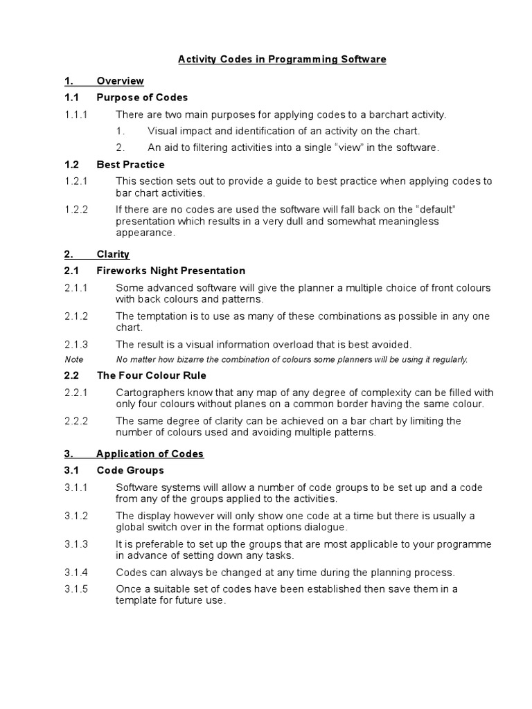 Activity Codes in Programming Software 1. 1.1 Purpose of Codes | PDF ...