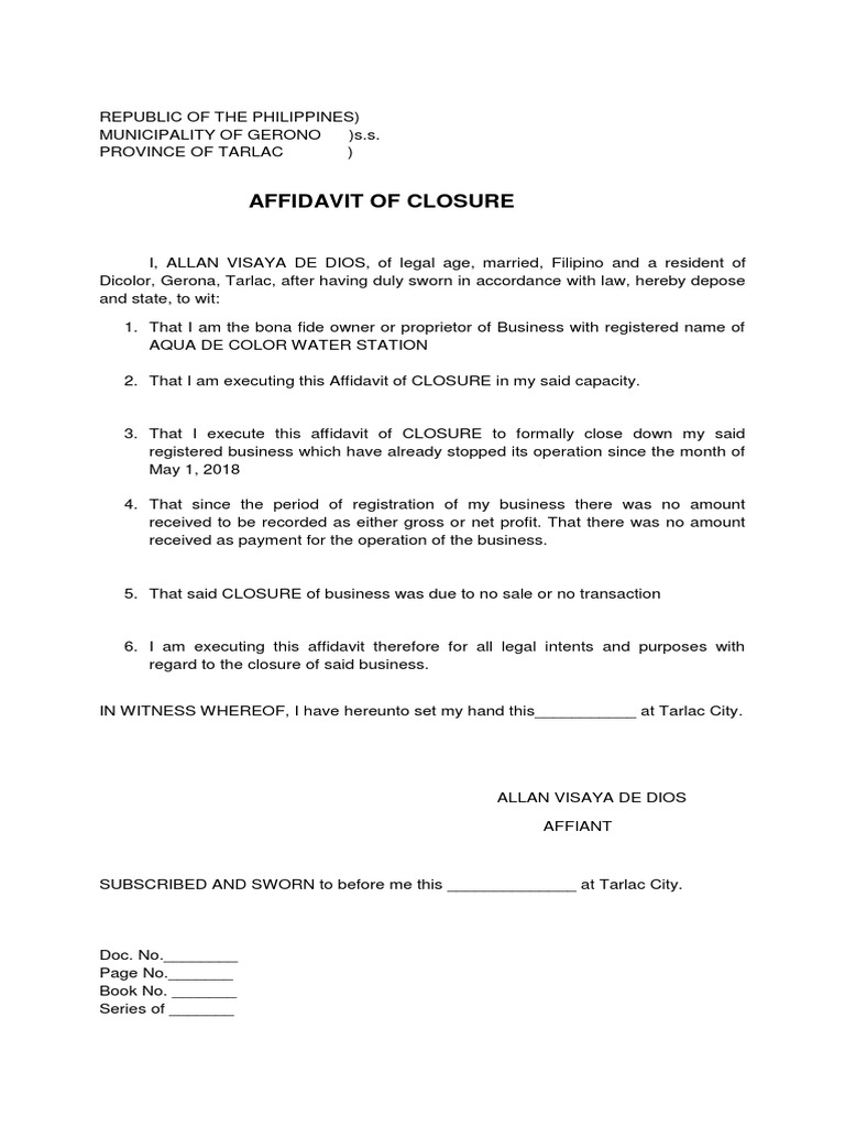 Affidavit of Closure | PDF | Affidavit | Comparative Law