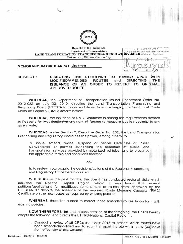 2017-011 Directing The LTFRB-NCR To Review CPCs With Modified Routes To ...