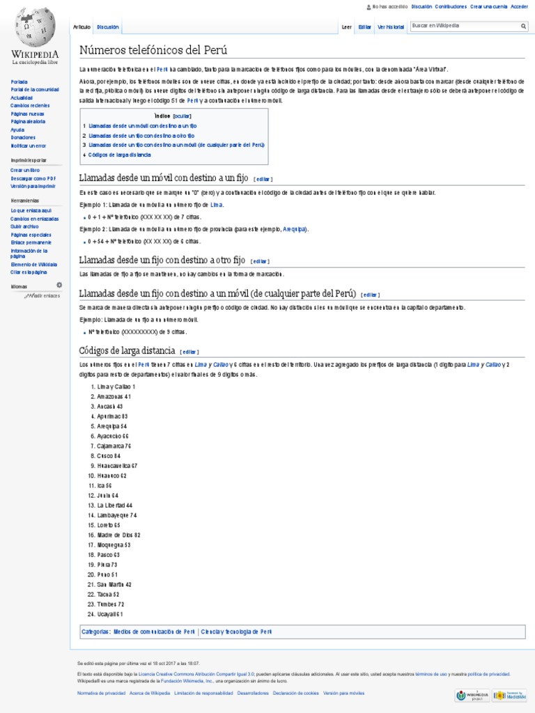 Números Telefónicos Del Perú | PDF | Wikipedia | Perú