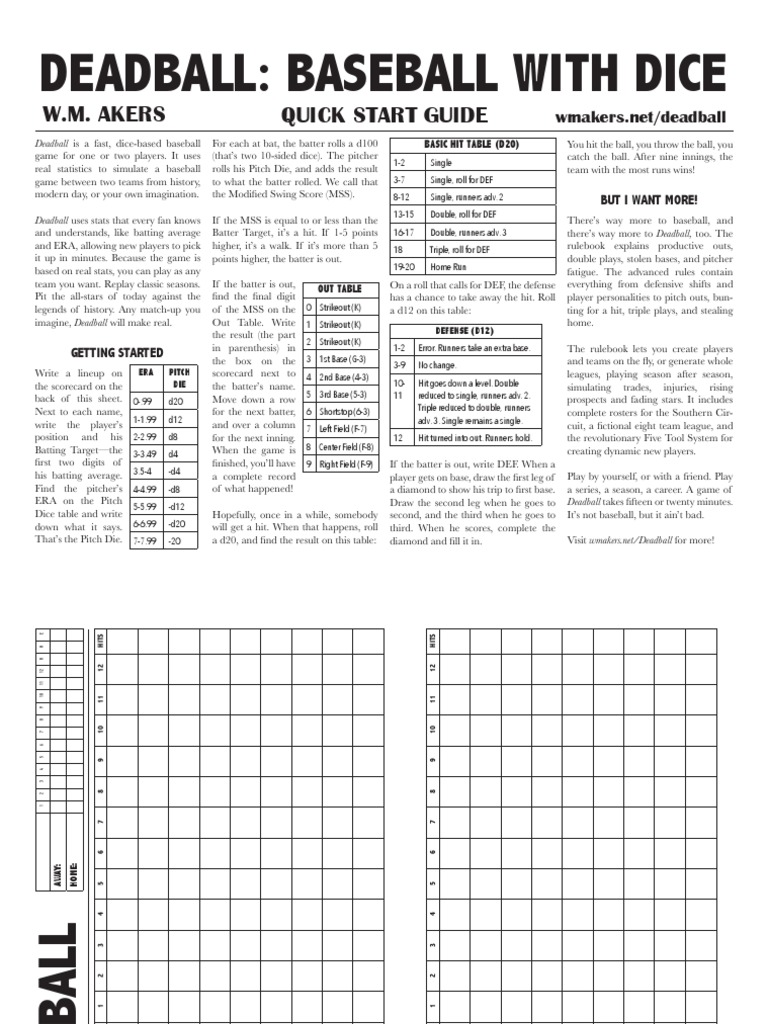Deadball Quick Start Guide | PDF | Batting (Baseball) | Pitcher