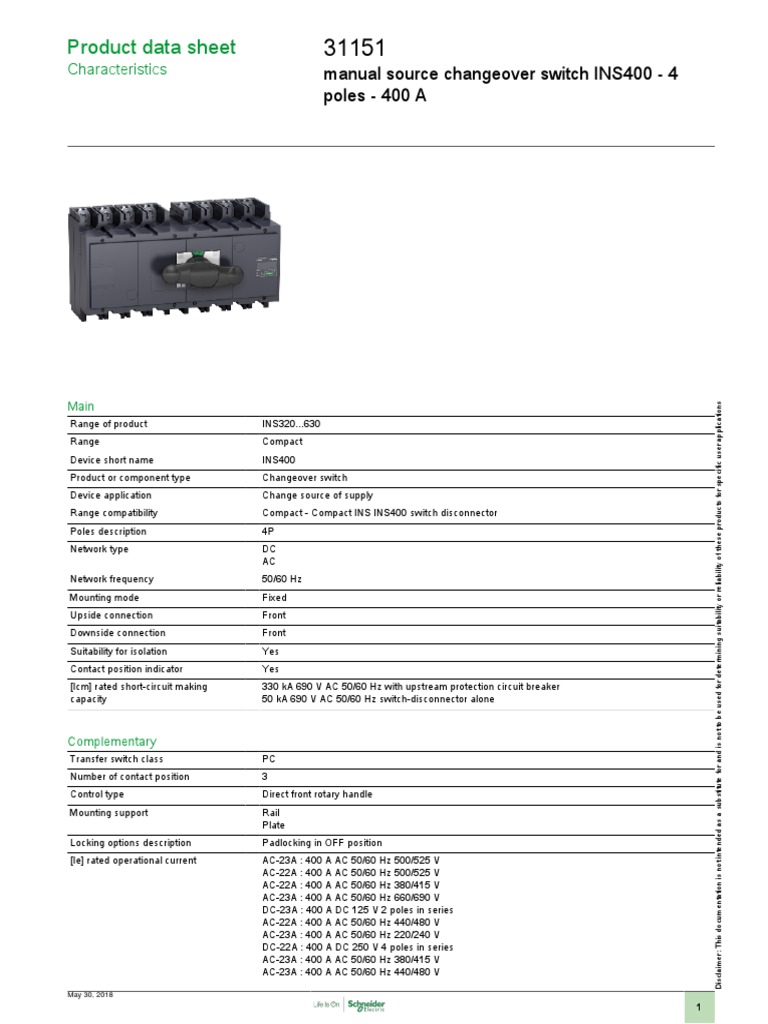 Product Data Sheet: Manual Source Changeover Switch INS400 - 4 Poles ...