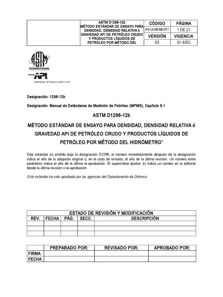 ASTM D 1298 - (PLAB-017) - Densidad Relativa o Gravedaad API | PDF ...