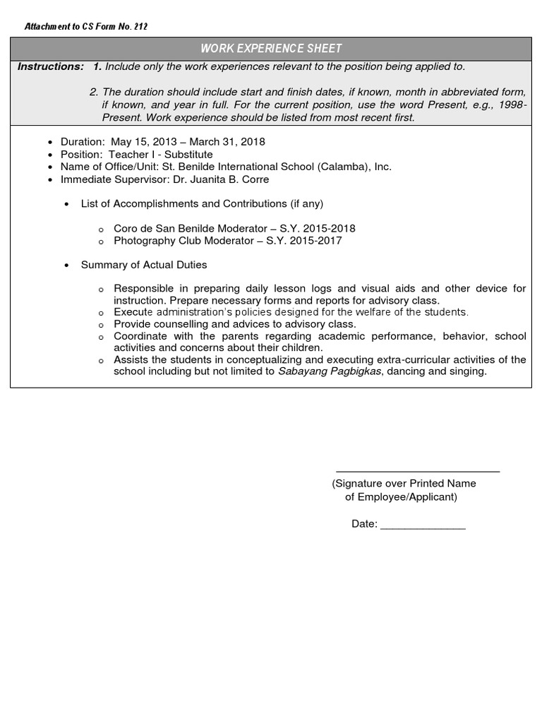 Work Experience Sheet | PDF | Career & Growth