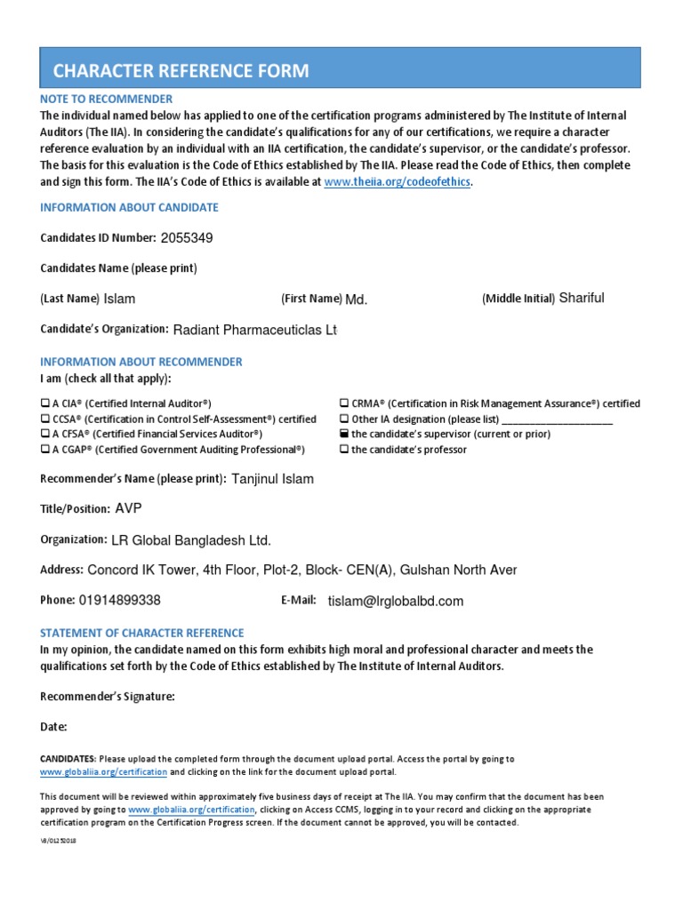 Character Reference Form-Filled Up-Final | PDF | Internal Audit | Audit