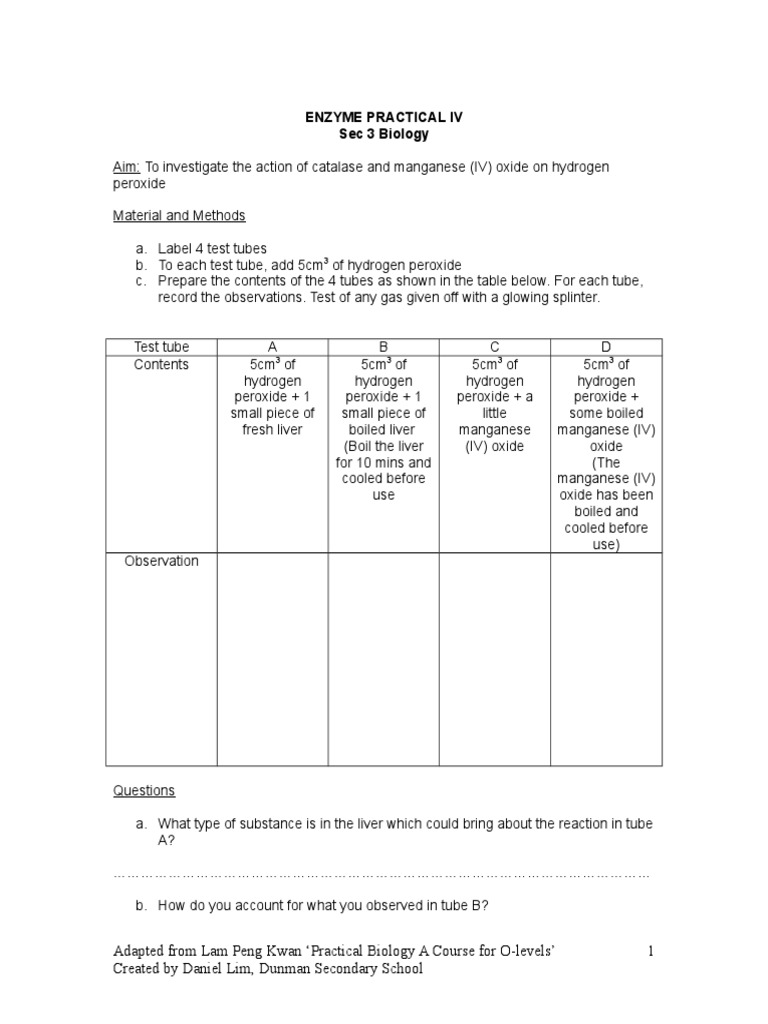 Enzyme Practical IV - Catalase On H2o2 | PDF | Hydrogen Peroxide | Catalase