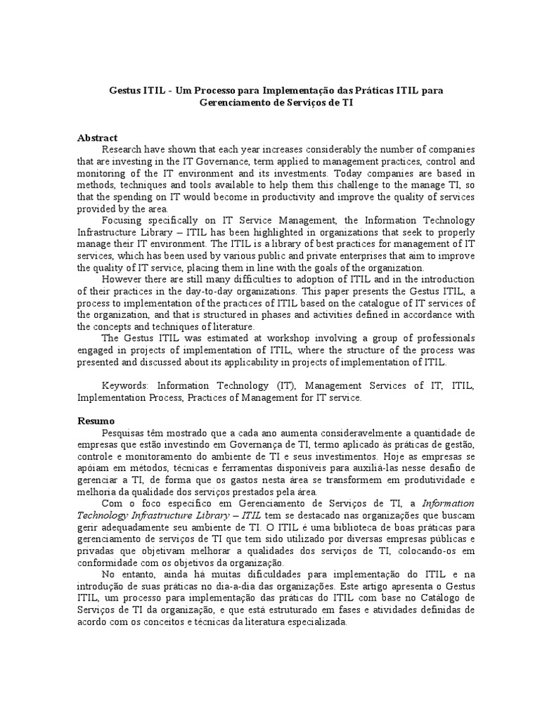 Gestus ITIL - Um Processo para Implementa o Das PR Ticas ITIL para Gerenciamento D e Servi Os de ...
