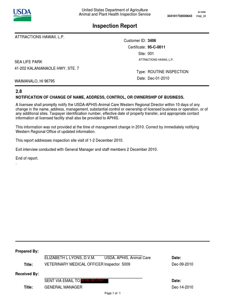 2010-2017 APHIS Inspection Records For Sea Life Park | PDF | Veterinary ...