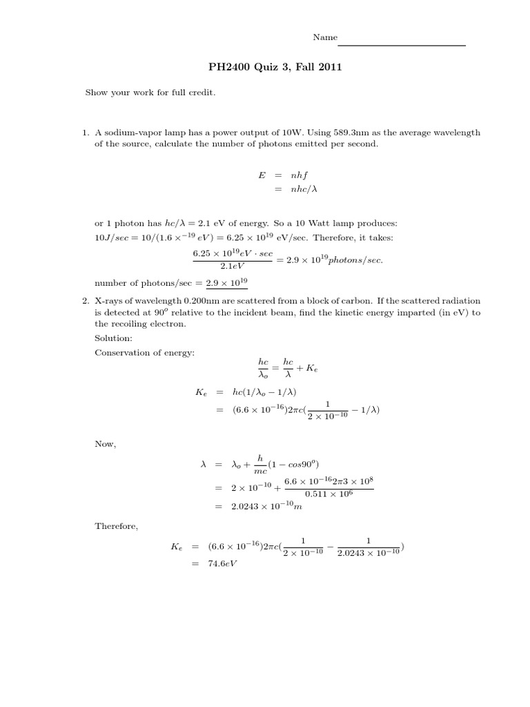 PH2400 Quiz 3, Fall 2011 | PDF | Electronvolt | Photon