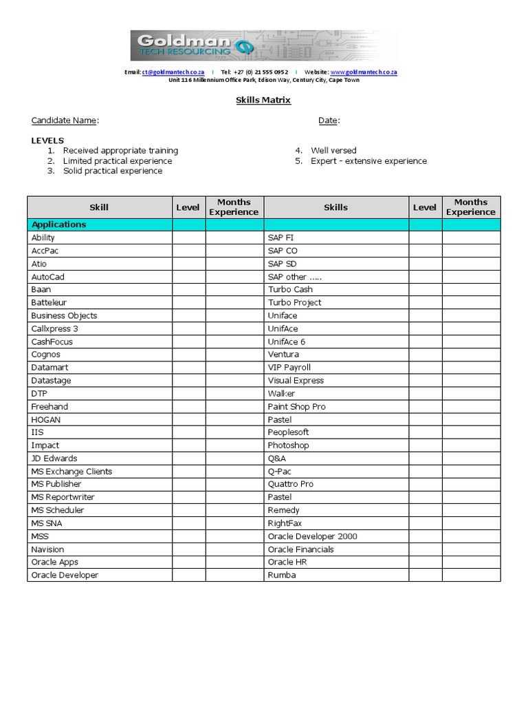 Goldman Tech - Technology Complete Skills Matrix Template | PDF ...