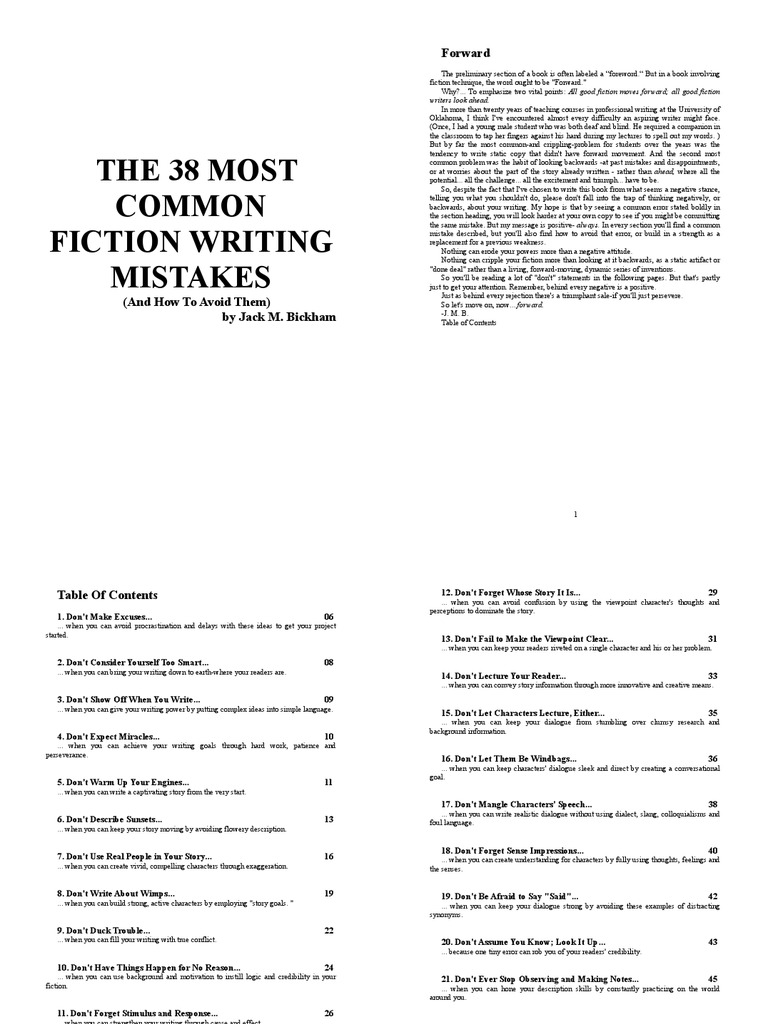 Jack M Bickham - 38 Most Common Fiction Writing Mistakes | PDF