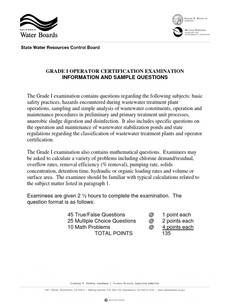 Grade I Operator Certification Examination Information and Sample ...