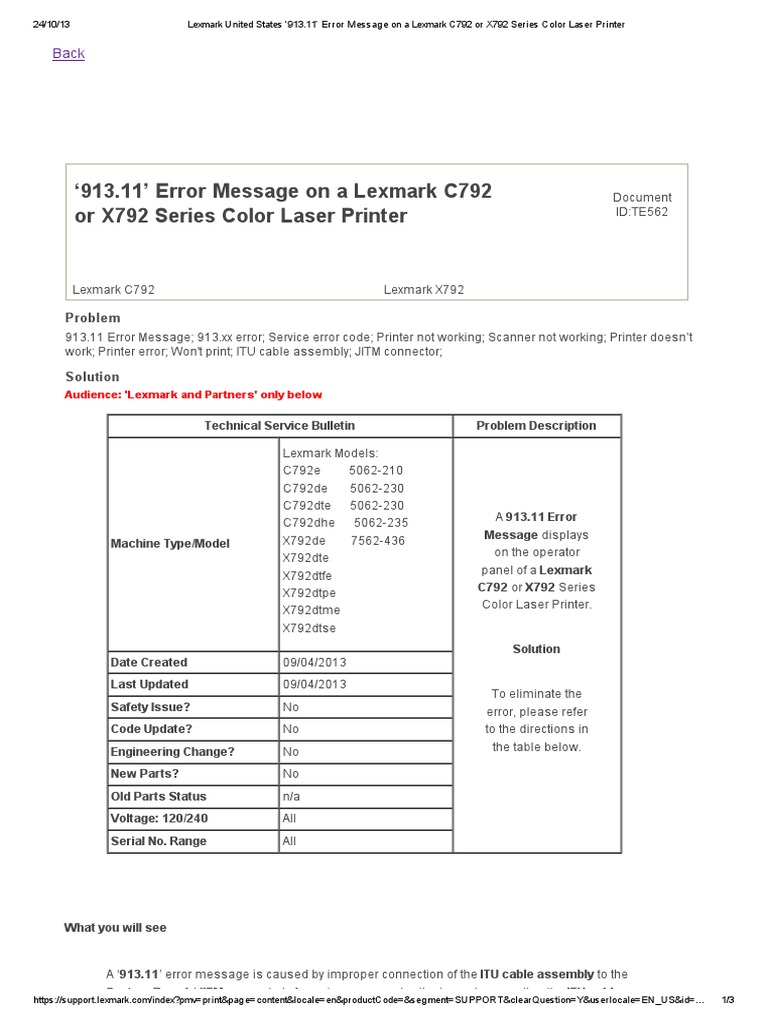 Lexmark C792 913.11' Error Message On | PDF | Troubleshooting | Printer ...