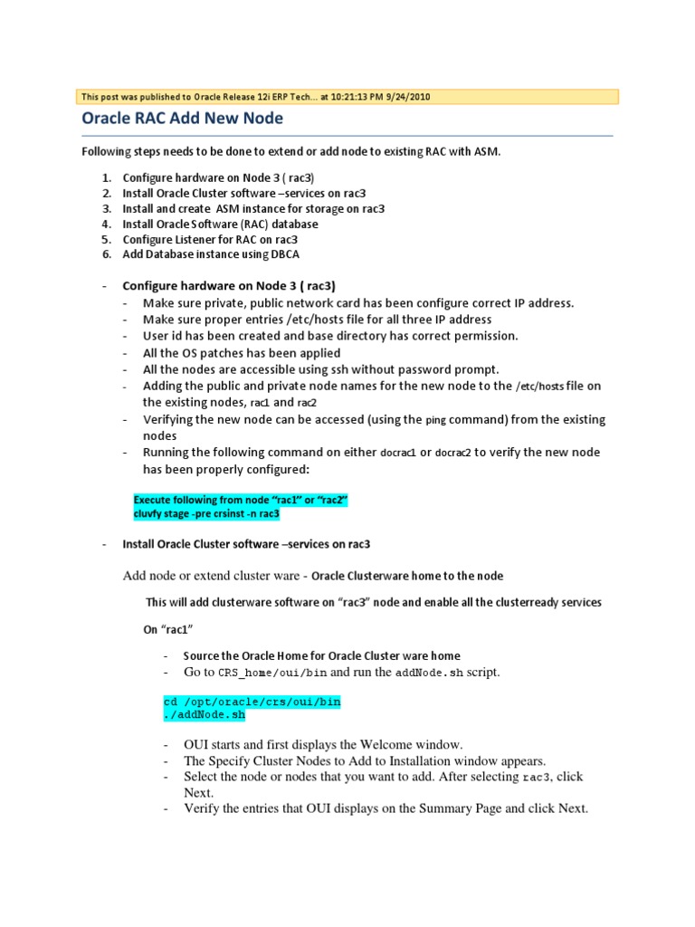 Oracle Rac Add New Node Pdf Oracle Database Computer Cluster