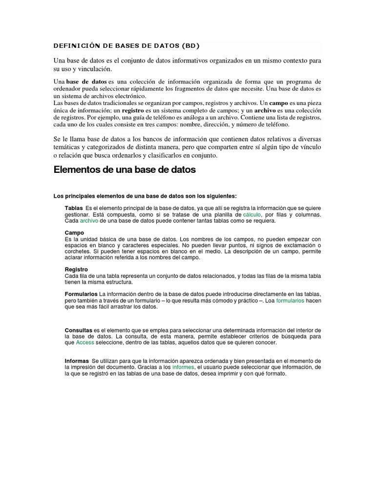 Definición de Bases de Datos | PDF | Servidor SQL de Microsoft | Bases ...