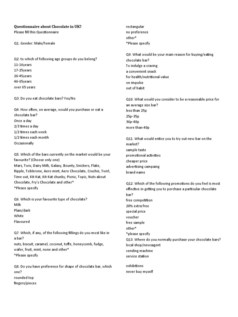 Questionnaire About Chocolate in UK | PDF | Chocolate | Confectionery