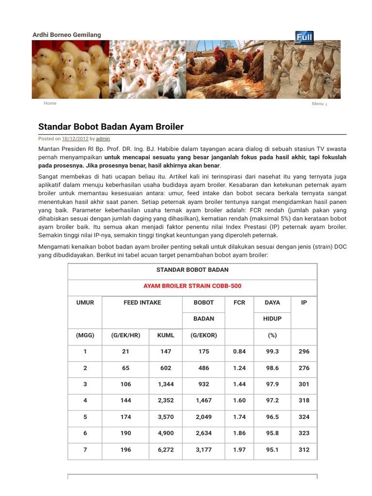 Standar Bobot Badan Ayam Broiler - Ardhi Borneo Gemilang | PDF