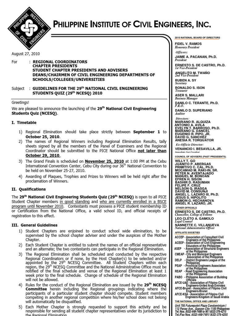 29th Guidelines National Civil Engineering Students Quiz | Philippines