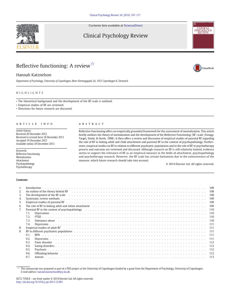 Reflective Functioning: A Review | PDF | Attachment Theory | Major ...