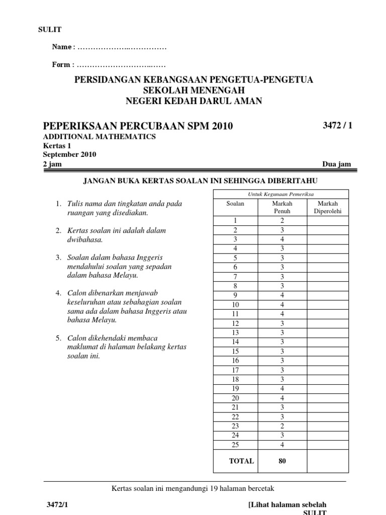 SPM Kedah Addmath P1 2010 | PDF