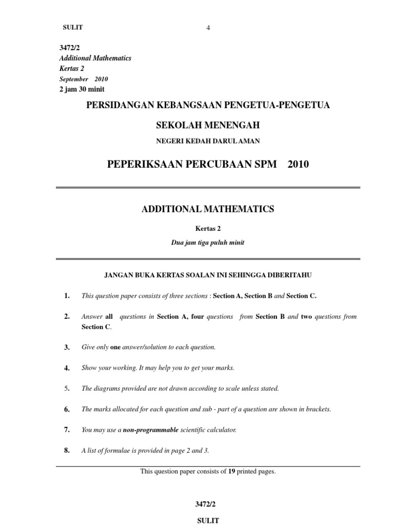 SPM Kedah Addmath P2 2010 | PDF | Geometric Measurement | Mathematical Analysis