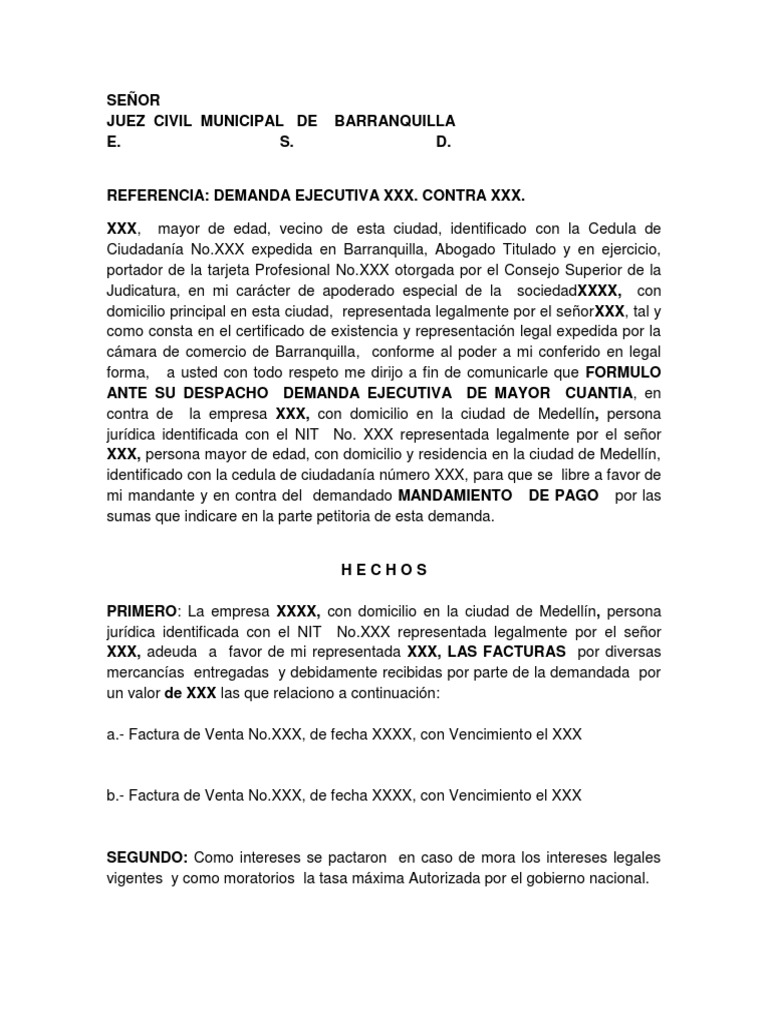 Modelo Demanda Ejecutiva Facturas. | PDF | Demanda judicial | Virtud