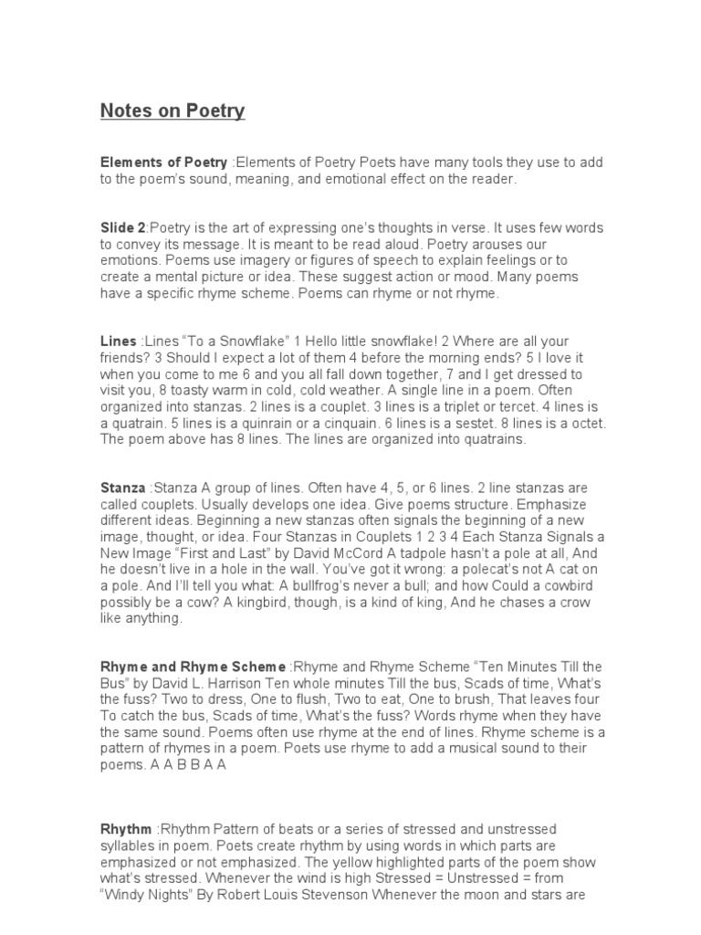 Notes On Poetry | PDF | Rhyme | Poetry