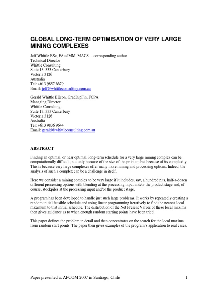 Global Long-Term Optimization of Very Large Mining Complex PDF | PDF ...