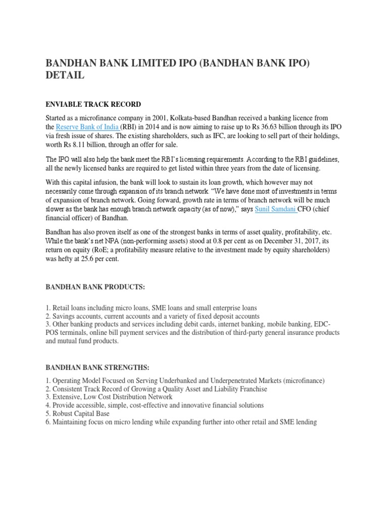 Bandhan Bank Limited IPO | PDF | Reserve Bank Of India | Banks